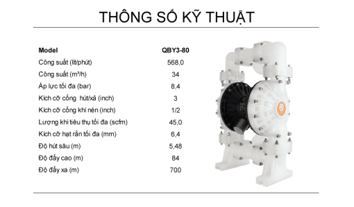 Máy Bơm Màng Khí Nén GODO QBY3-80 NHỰA PP